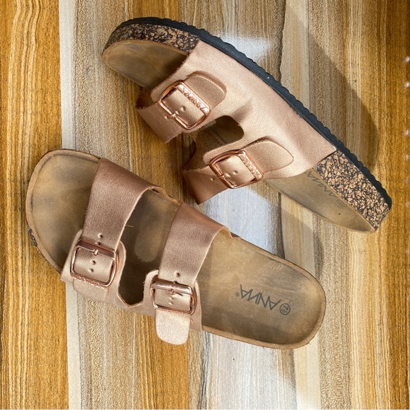 Anna | Shoes | Anna 75 Leather Metallic Rose Gold Buckle Double Strap ...
